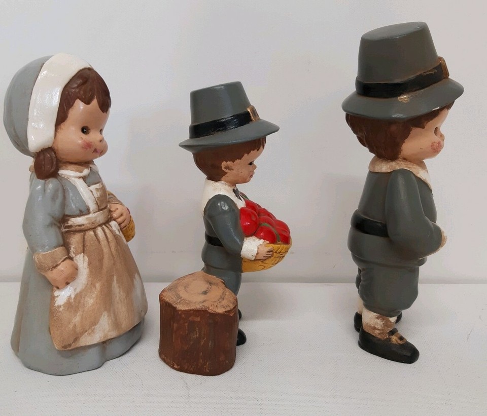 PILGRIM FAMILY Thanksgiving Set of 3 Apples Farm Girl Boy Farmer ...
