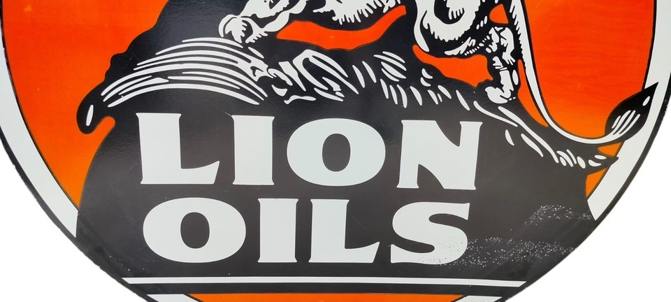 LION OILS GAS AND OIL PORCELAIN ENAMEL SIGN 48 INCHES OR 4 FEET DSP ...