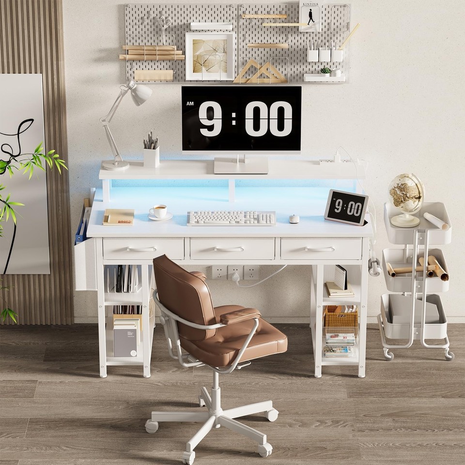 White Computer Desk With Fabric Drawers 47 Inch Home Office Desk With ...