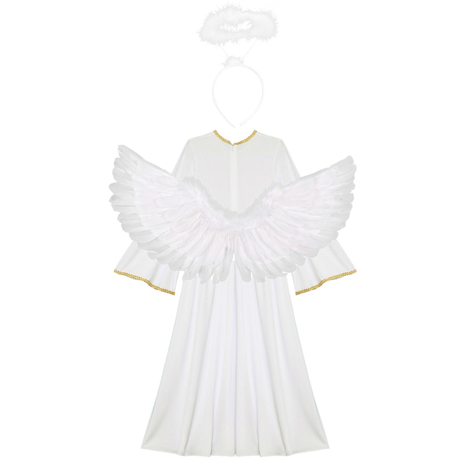 Girls Angel Outfit Kids Dress with Wings and Feather Hairband Halloween ...