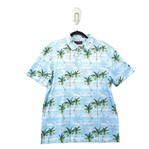 YATTA GOLF Men M Polo Shirt Blue Makani Olu Olu Floral Hawaiian Palm ...