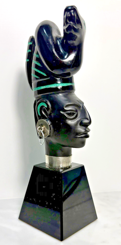 Mexican Carved Obsidian Black Onyx Turquoise Inlay Mayan Aztec Head ...