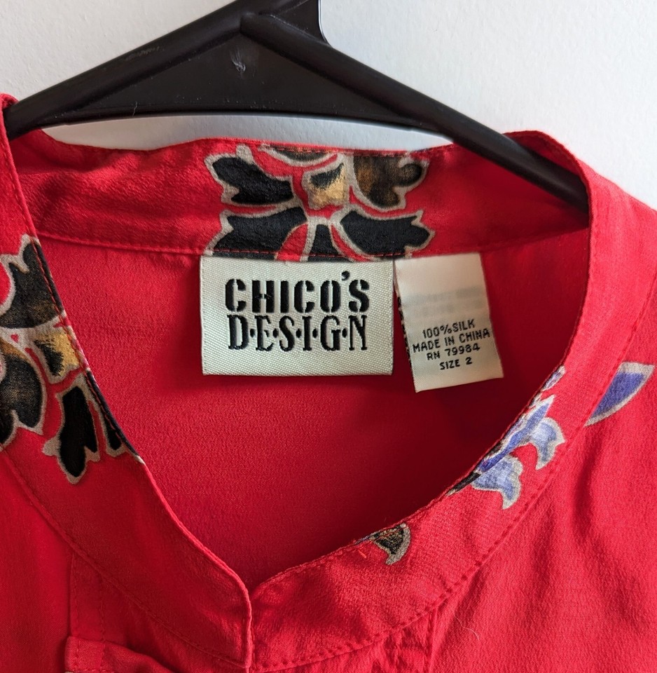 Vintage 1990s Chico's Design Red 100% Silk Flowy Blouse Knot Buttons ...