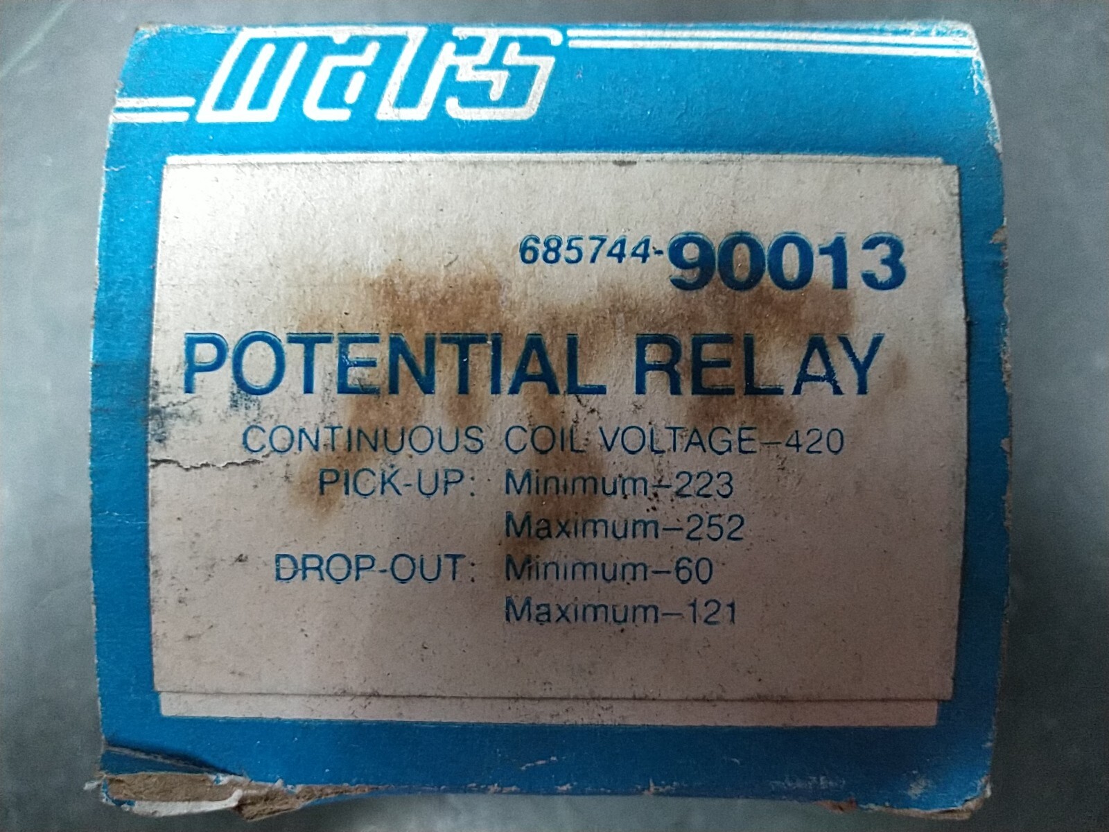 Mars Potential Relay Pickup 223-252V, Dropout 60-121V, Continuous Coil ...