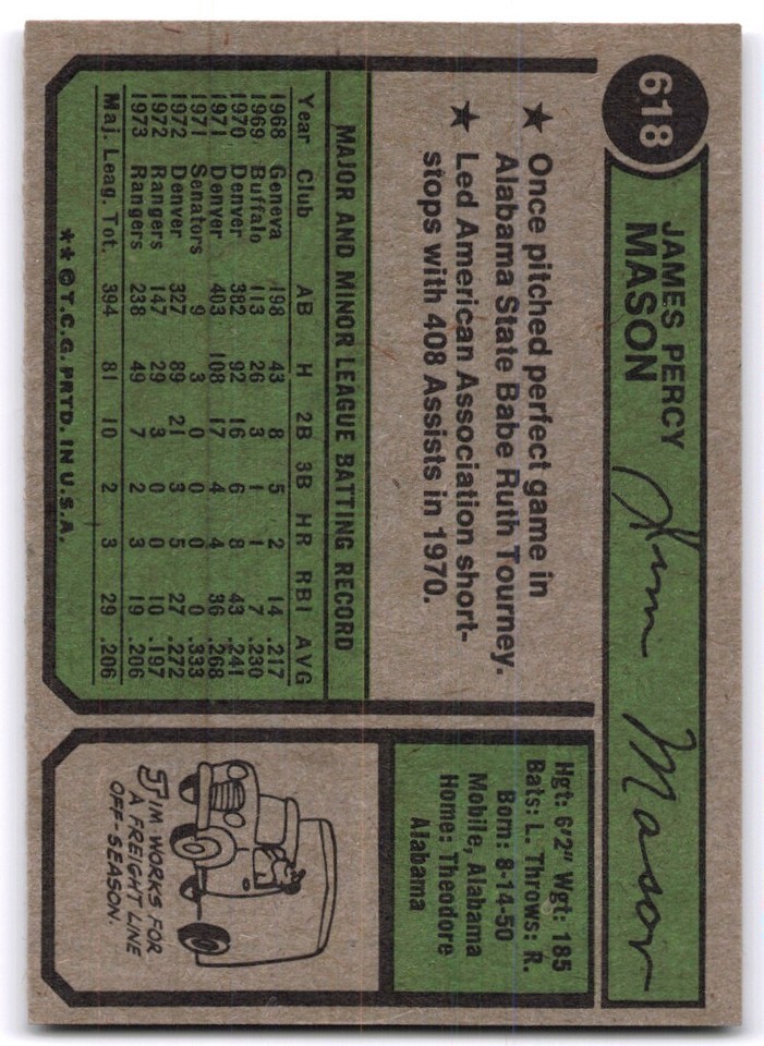 1974 Topps Jim Mason Texas Rangers #618 | eBay