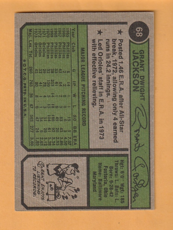Grant Jackson Baltimore Orioles 1974 Topps #68 Fostoria Ohio 9U | eBay