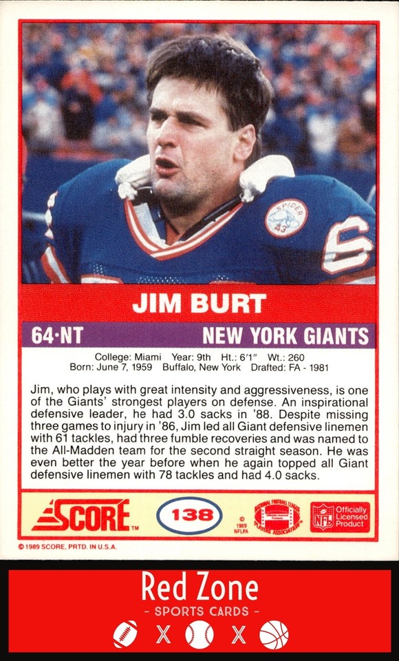 1989 Score - #138 Jim Burt NM/NM+ | eBay