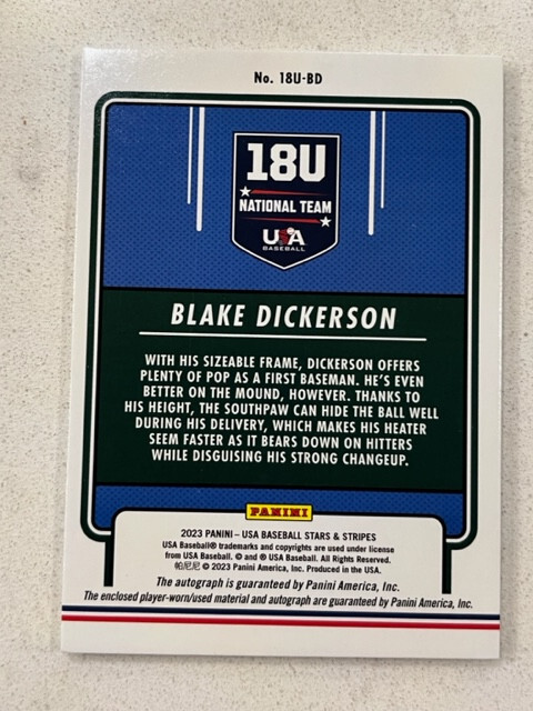 BLAKE DICKERSON 2023 Panini USA Baseball Stars & Stripes Patch AUTO # 2 ...