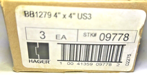 New Hager 4” X 4” Hinge 3 Pcs Stainless Steel BB 1279 US3 Full Mortise ...