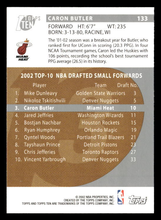 2002 Topps Ten #133 Caron Butler Near Mint | eBay