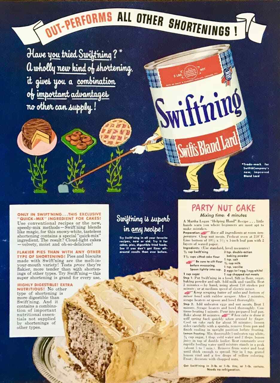 1948 Swift'ning Swift's Bland Lard PRINT AD Party Nut Cake Recipe Cute ...