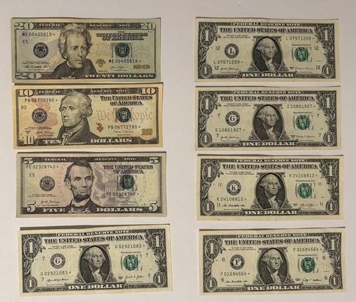 (Lot of 8) US Star Notes (5)$1 Bills~(1)$5 Bill~(1)$10 Bill~(1)$20 Bill ...