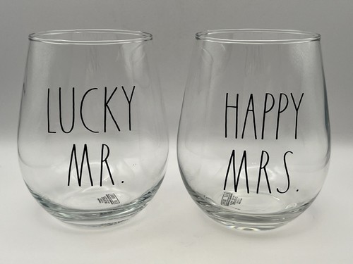 Rae Dunn Enchanté Acessories Happy Mrs. & Lucky Mr. Stemless Wine ...