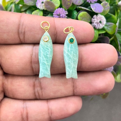 Amazonite Fish Pendant Carved Gemstone Necklace CZ Eye Charm Lucky Fish ...