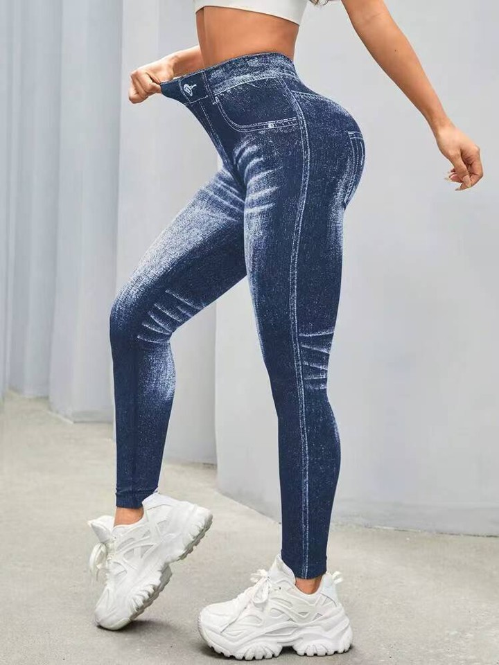 Women V Back Denim Print Fitness Leggings Scrunch Butt Lift Low V Cut ...