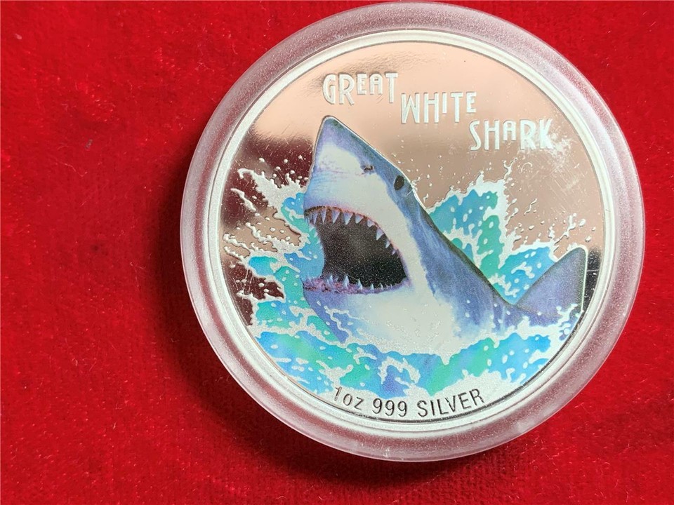 TUVALU 2007 $1 GREAT WHITE SHARK COLORIZED 1 OZ. .999 SILVER GEM PROOF ...