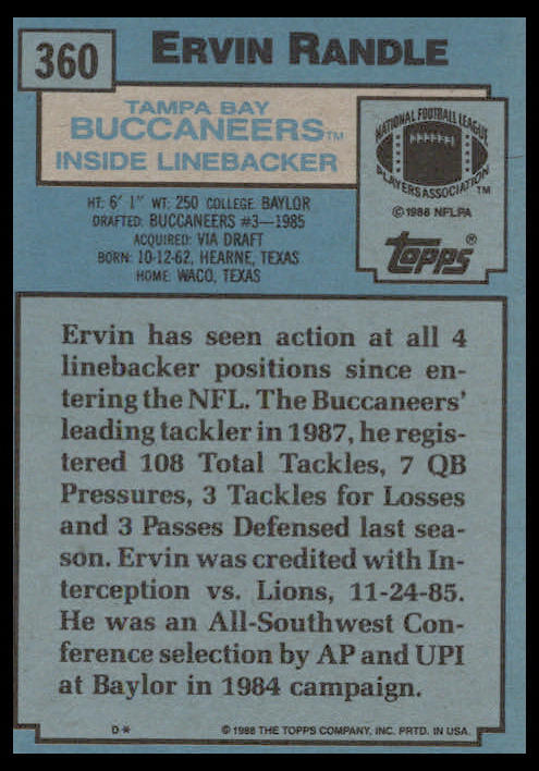 1988 Topps #360 Ervin Randle Tampa Bay Buccaneers Football Card | eBay