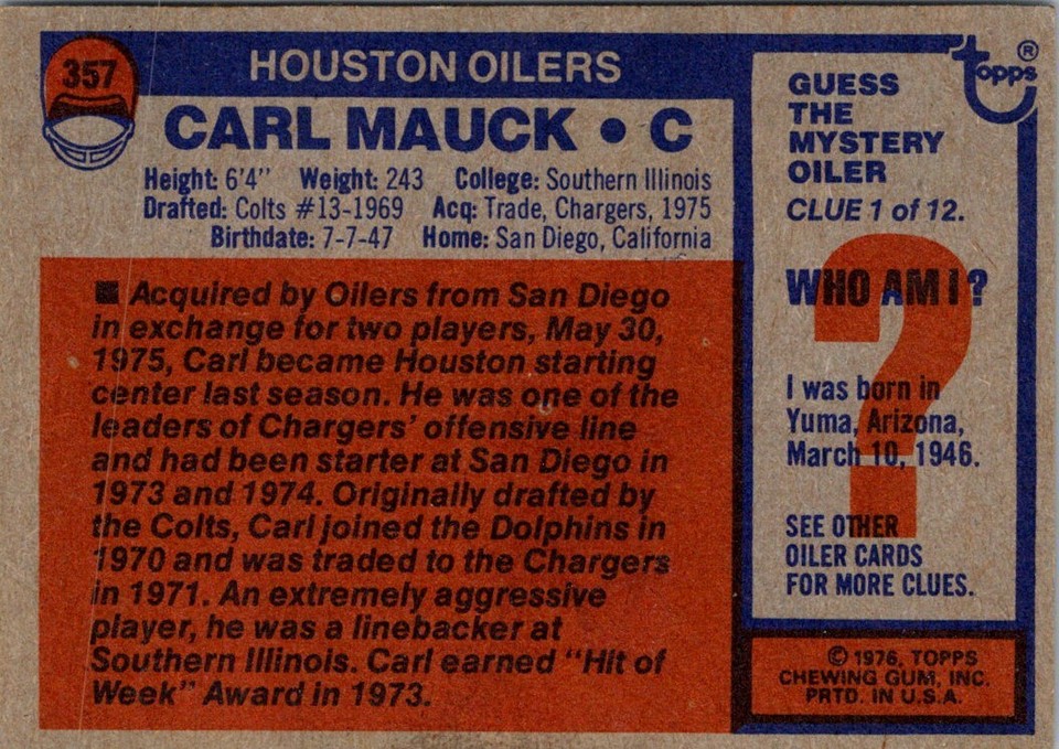 1976 Topps Carl Mauck #357 Houston Oilers Football Card | eBay