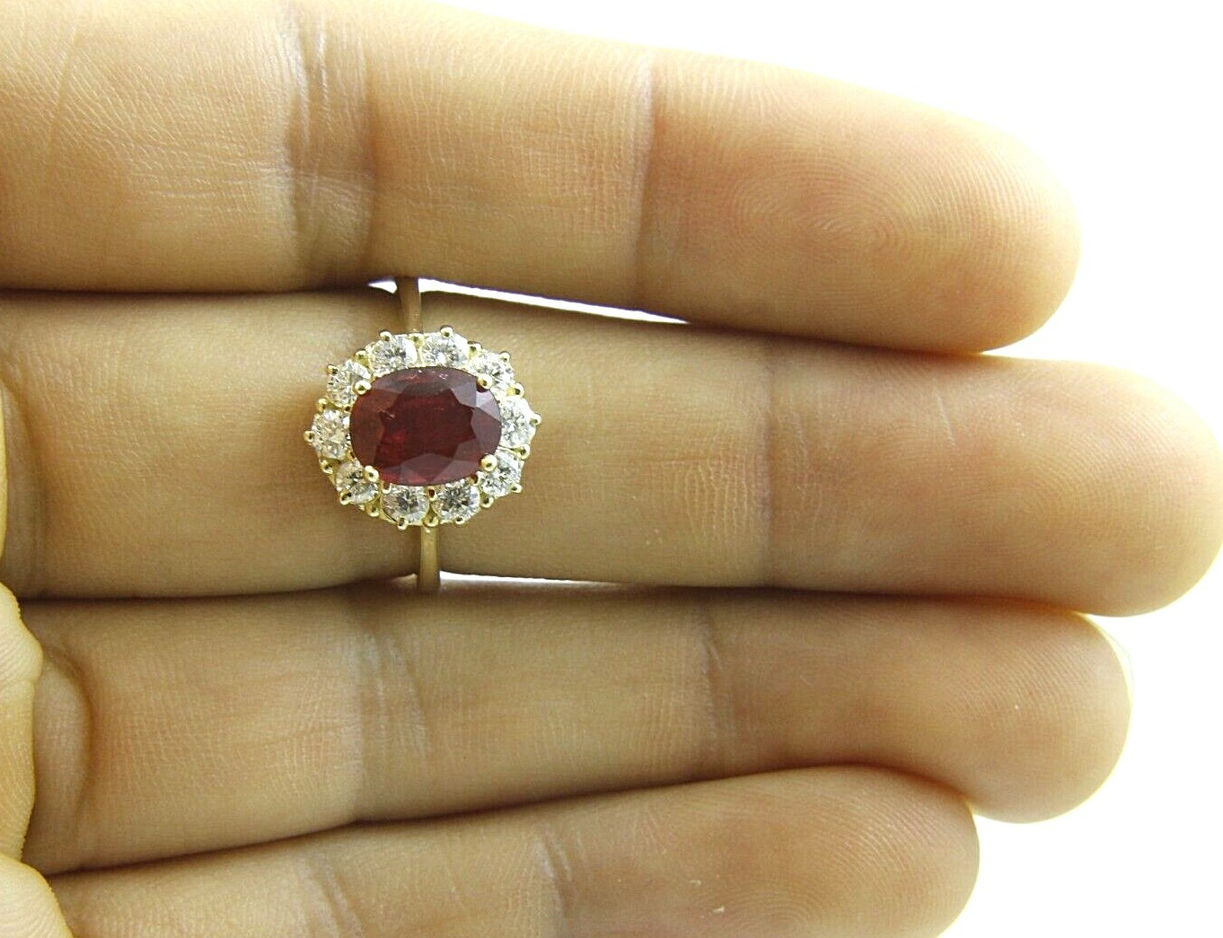 Natural Oval Red Ruby & Diamond Halo Solitaire Ring 14k Yellow Gold 4 ...