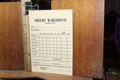 Vintage Time Card Shelby Warehouse & Milling LaFollette Tennessee Bob ...