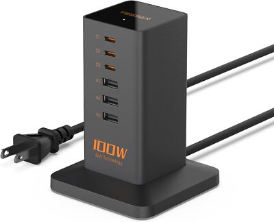 Black Charging Station Desktop Tower Charger with 6 USB Ports (3 USB C ...