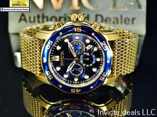 Invicta Men's 48mm Pro Diver SCUBA Chronograph BLUE DIAL Gold Tone MESH ...