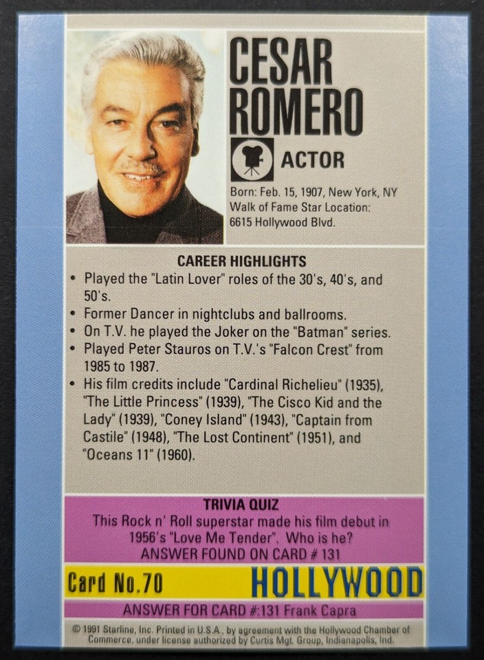 Cesar Romero 1991 Starline Hollywood Stars Card #70 (NM) | eBay