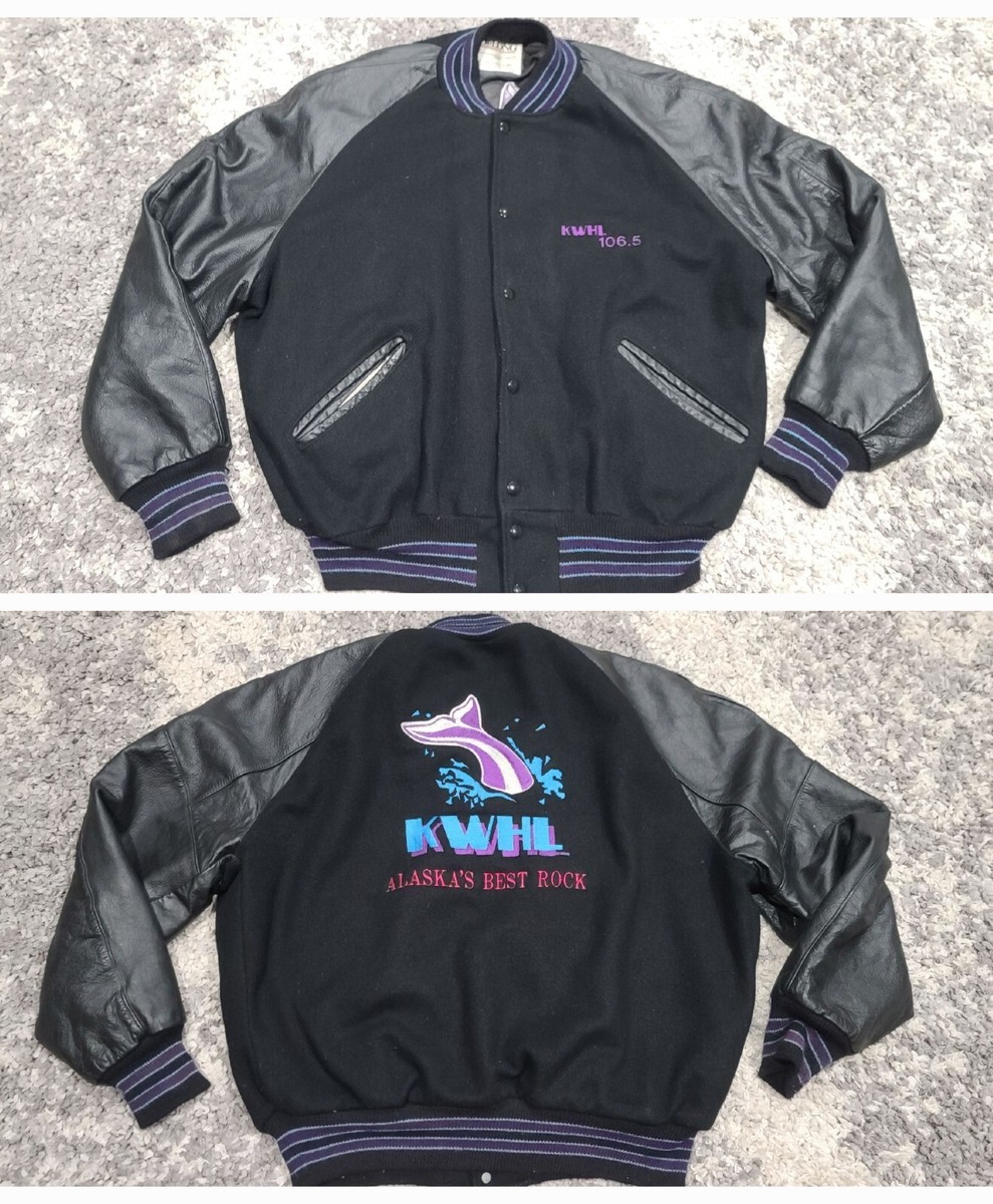 VTG KWHL 106.5 ALASKA ROCK Delong Letterman Wool Leather VTG KWHL 106.5 ALASKA ROCK Delong Letterman Wool Leather