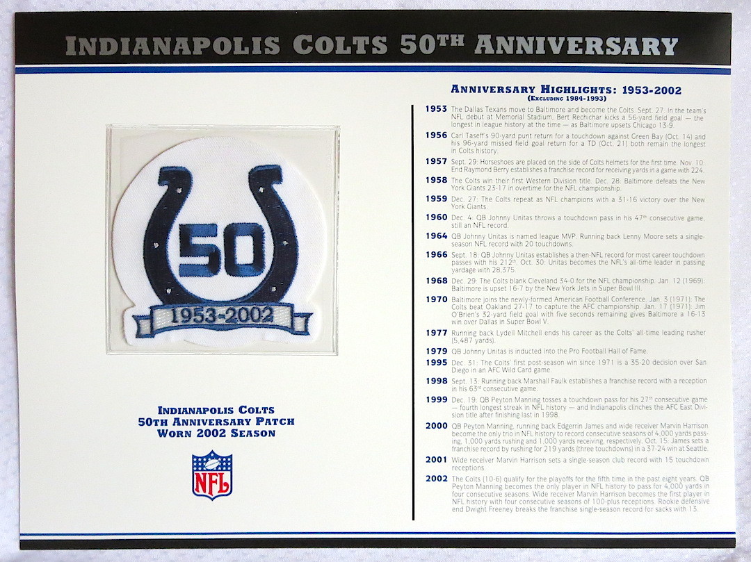 INDIANAPOLIS COLTS ~ 50th ANNIVERSARY NFL TEAM PATCH ~ Willabee & Ward ...