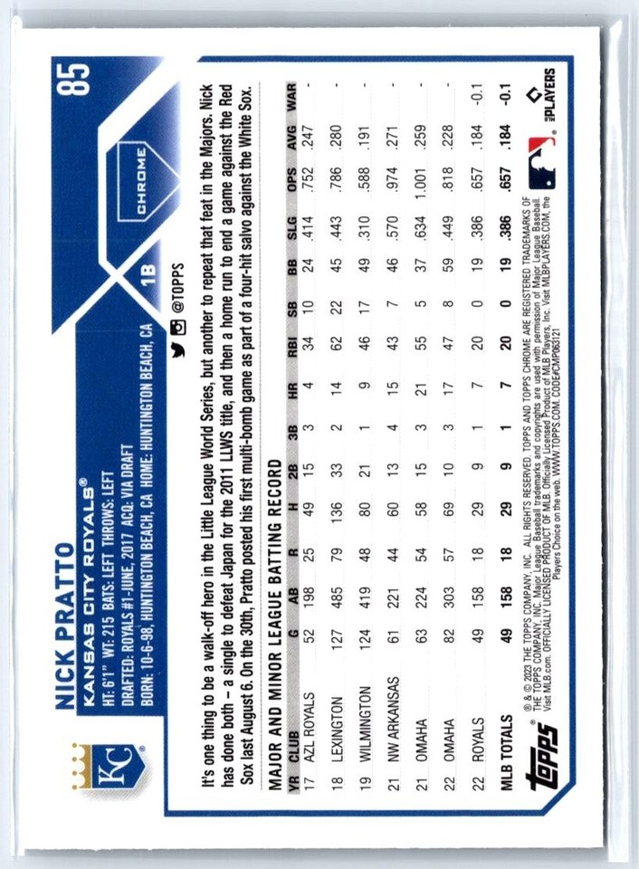 2023 Topps Chrome PRISM Nick Pratto RC #85 Royals | eBay