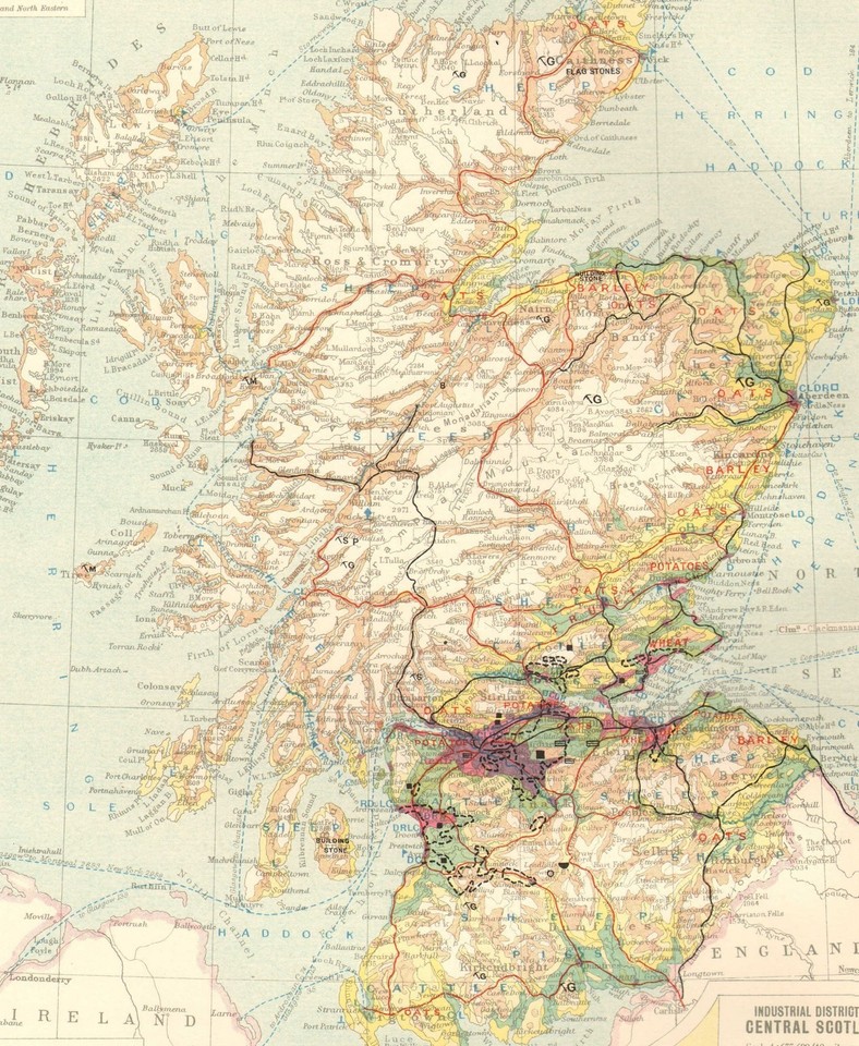 1928 MAP ~ SCOTLAND & IRELAND COMMERCIAL DEVELOPMENT INDUSTRIAL MINES ...
