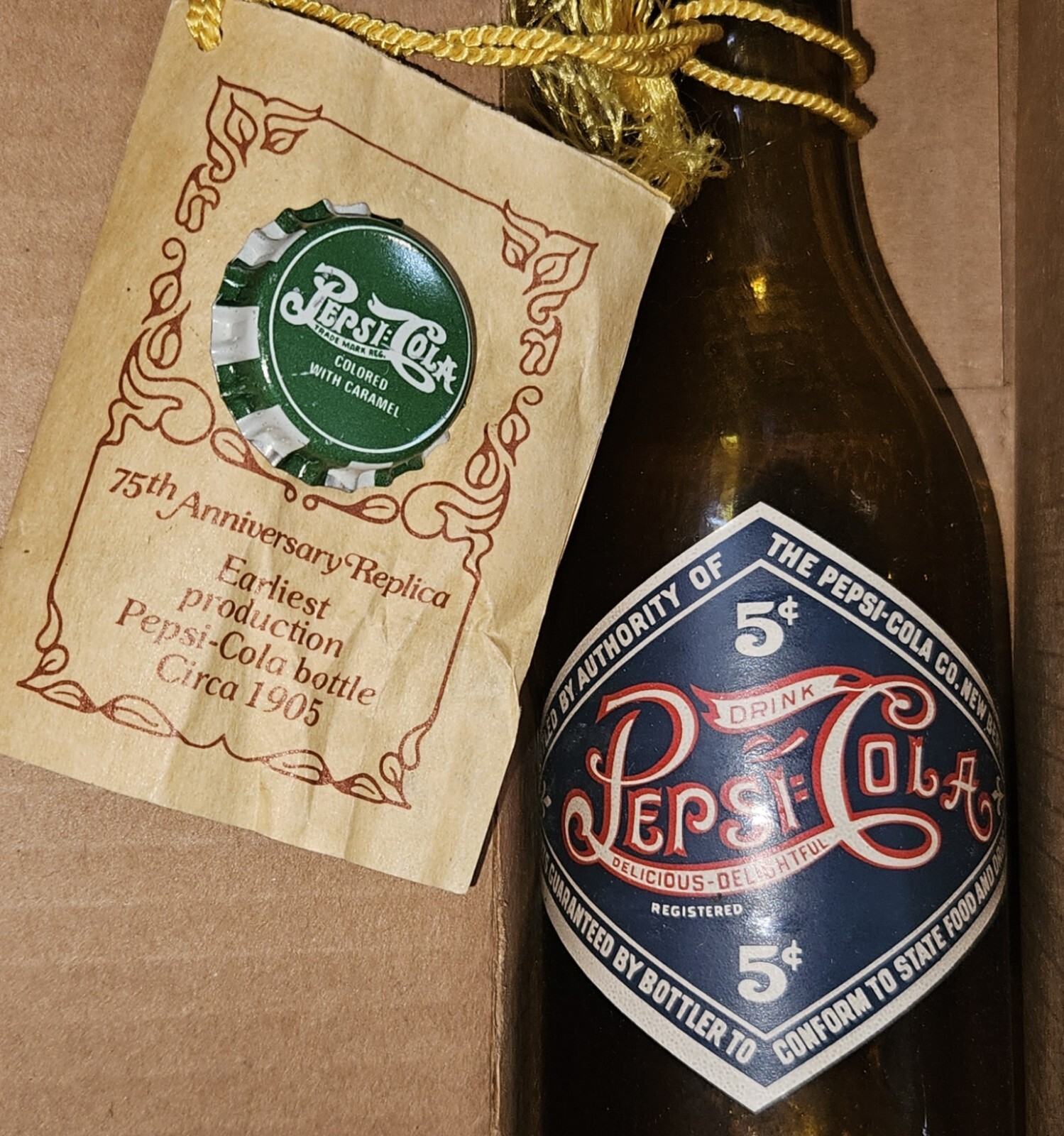 Super Rare Pepsi 75th Anniversary Amber Bottle W/box & crown 1898 Thru ...