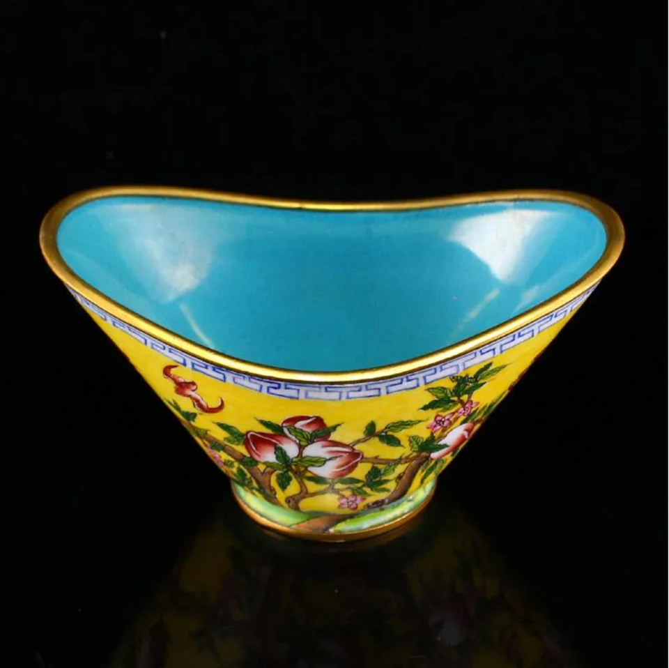 Chinese Gilt Edge Bronze Enamel Wine Cup w Peach, Bat | eBay