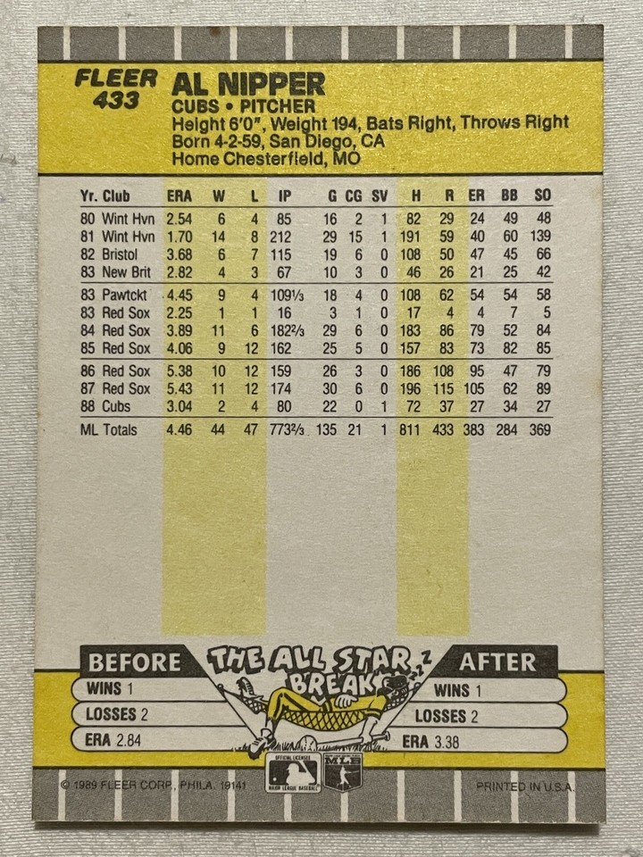 1989 Al Nipper Fleer Autographed signed Baseball Card #433 Chicago Cubs ...