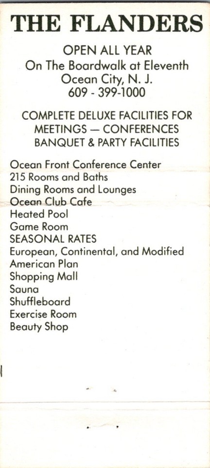The FLANDERS Hotel Ocean City, New Jersey Matchbook MB72 | eBay