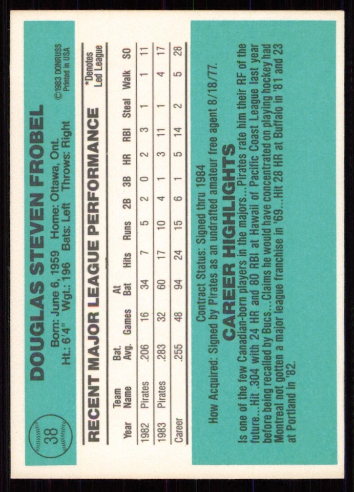 1984 Donruss Doug Frobel Rookie Pittsburgh Pirates #38 | eBay