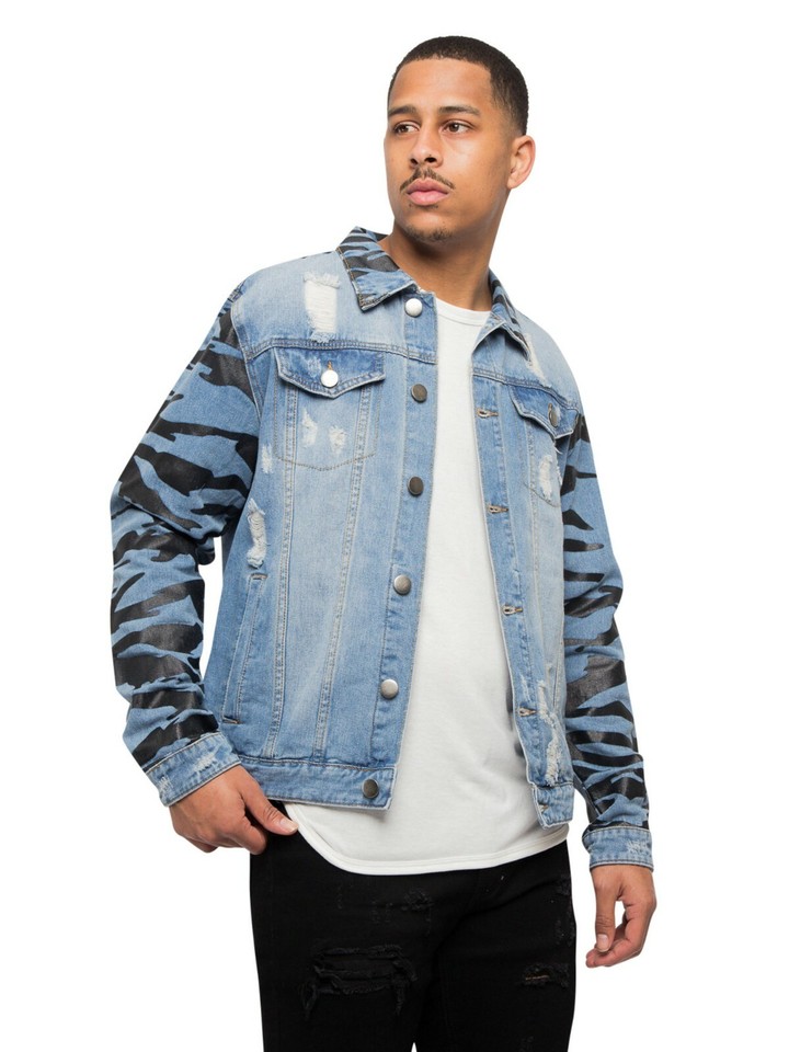 Victorious Men's Casual Distressed Tiger Camo Sleeve Denim Jean Jacket ...
