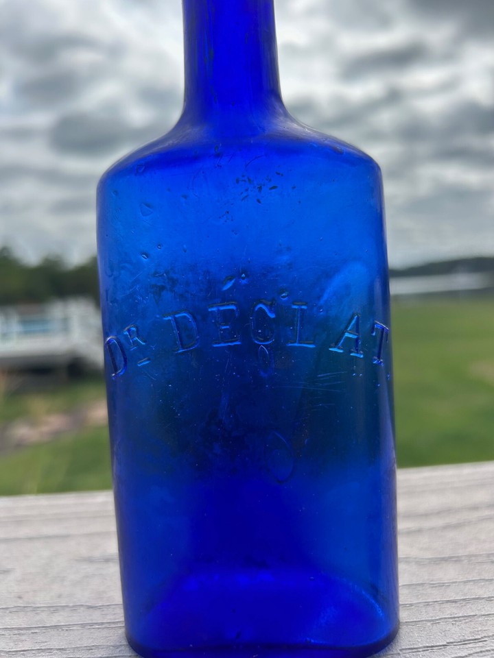 1880-90s Dr. DECLAT cobalt bottle, cures Malaria, Typhoid, Scarlet ...