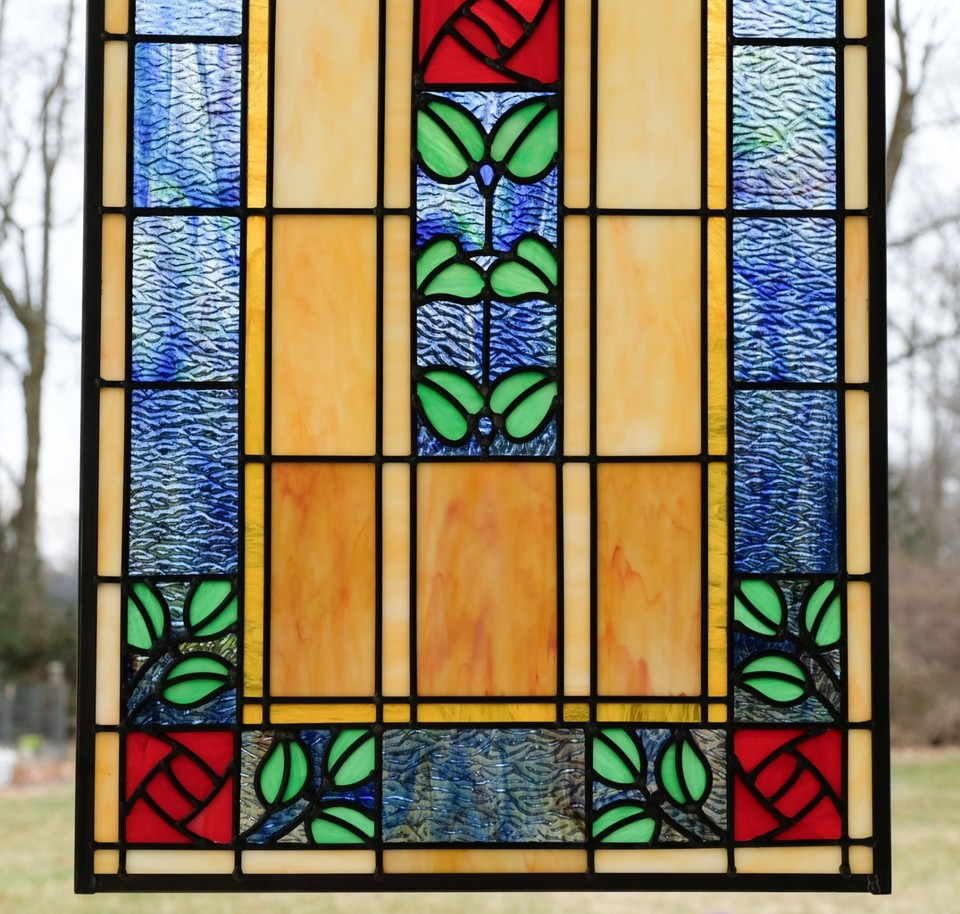 20" x 34" Tiffany Style stained glass window panel Rose Flower glass ...