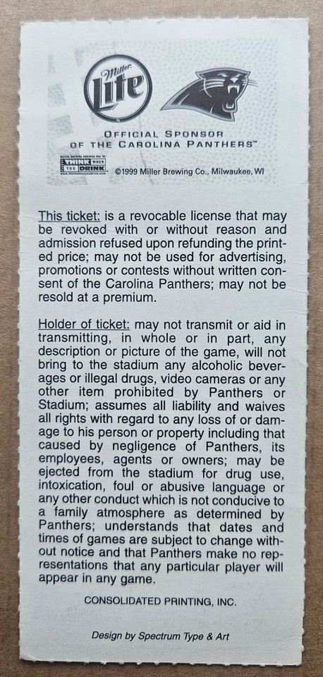 1999 Carolina Panthers Ticket Stub vs Atlanta Falcons | eBay