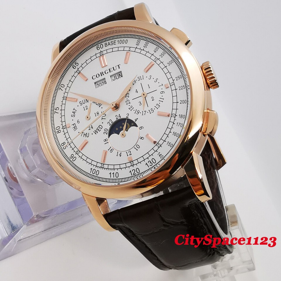 42mm Corgeut white dial rose gold Moon Phase multifunction automatic ...