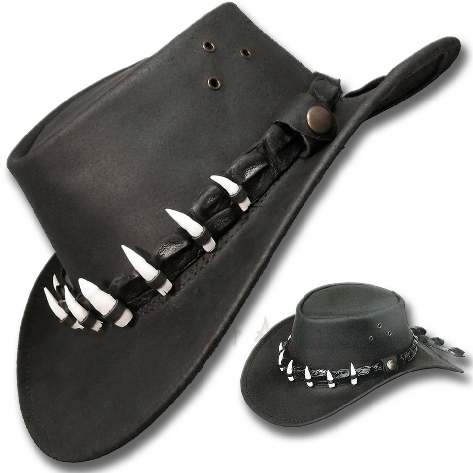 【oZtrALa】Aussie LEATHER Hat CROCODILE Teeth Band Cowboy DUNDEE Mens ...