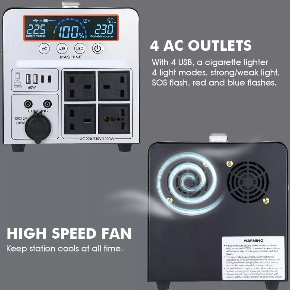 Power Station 1000W/666Wh, Portable Rechargeable Generator Inverter for ...