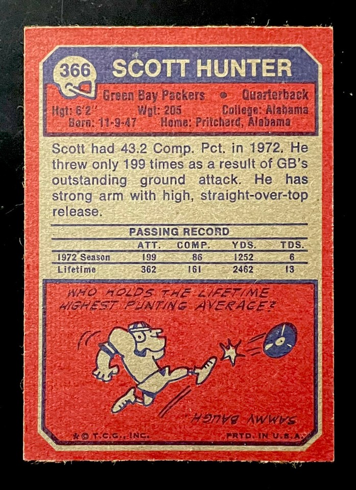 1973 TOPPS #366 SCOTT HUNTER - QB - GREEN BAY PACKERS VINTAGE FOOTBALL ...