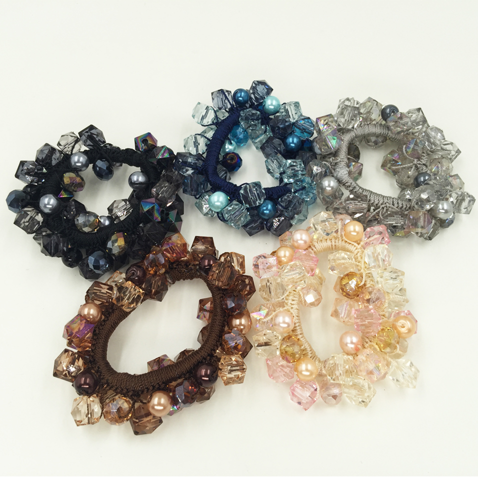 Acrylic Square Beads & Artificial Pearls Womens Elastic Hair Rope Hair ...