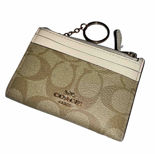 COACH Mini Skinny ID Card Case Key Ring Coach Signature Print Beige ...