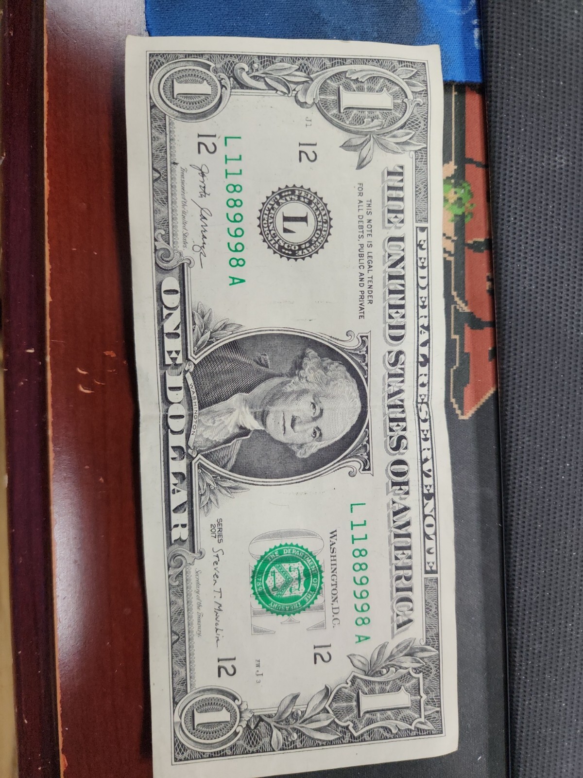 2017 $1 Dollar Bill Fancy Serial Number Trinary L11889998A Ink Smear ...