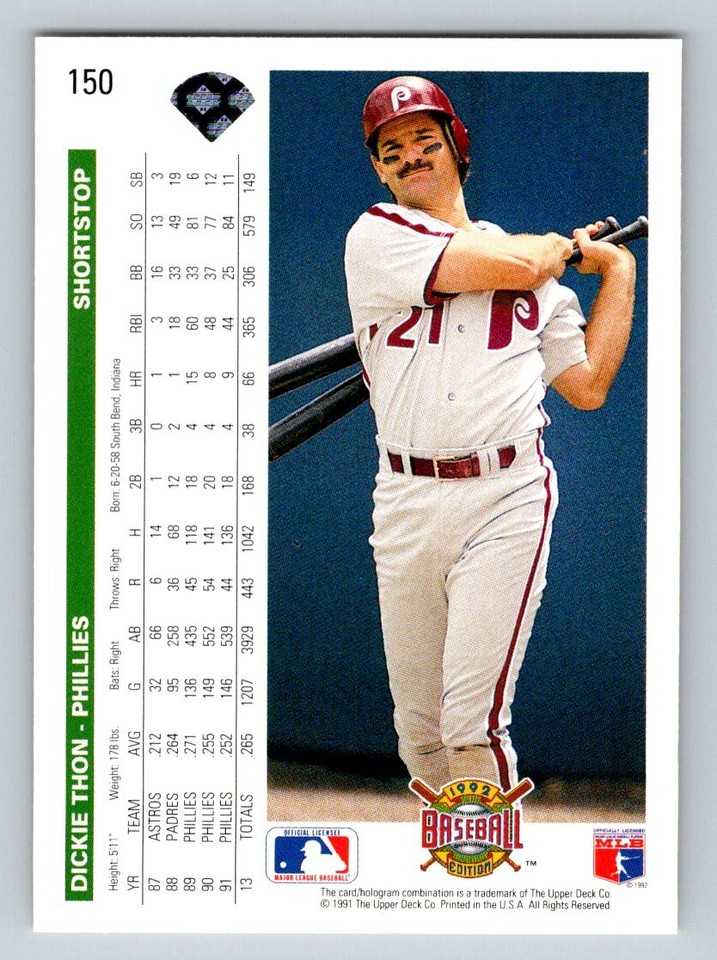 1992 Upper Deck #150 Dickie Thon Philadelphia Phillies Baseball Card | eBay