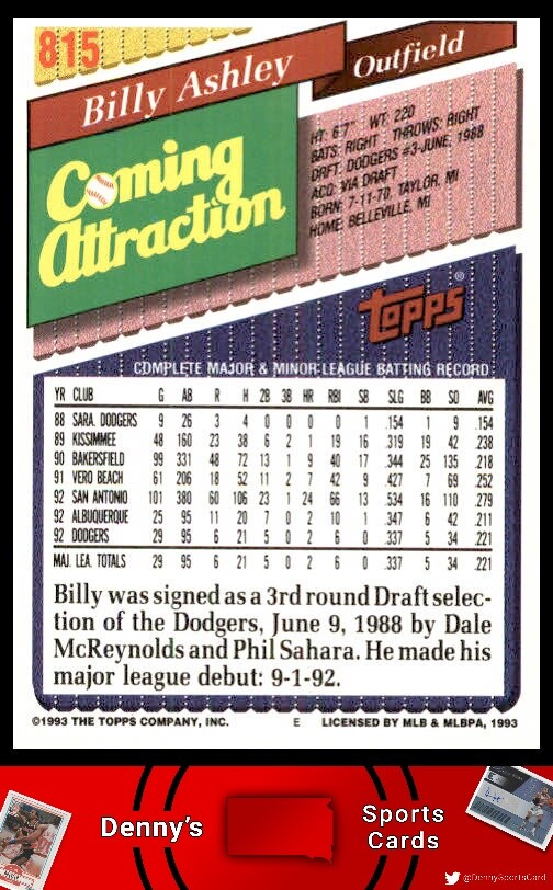 1993 Topps #815 Billy Ashley Los Angeles Dodgers Baseball Card | eBay