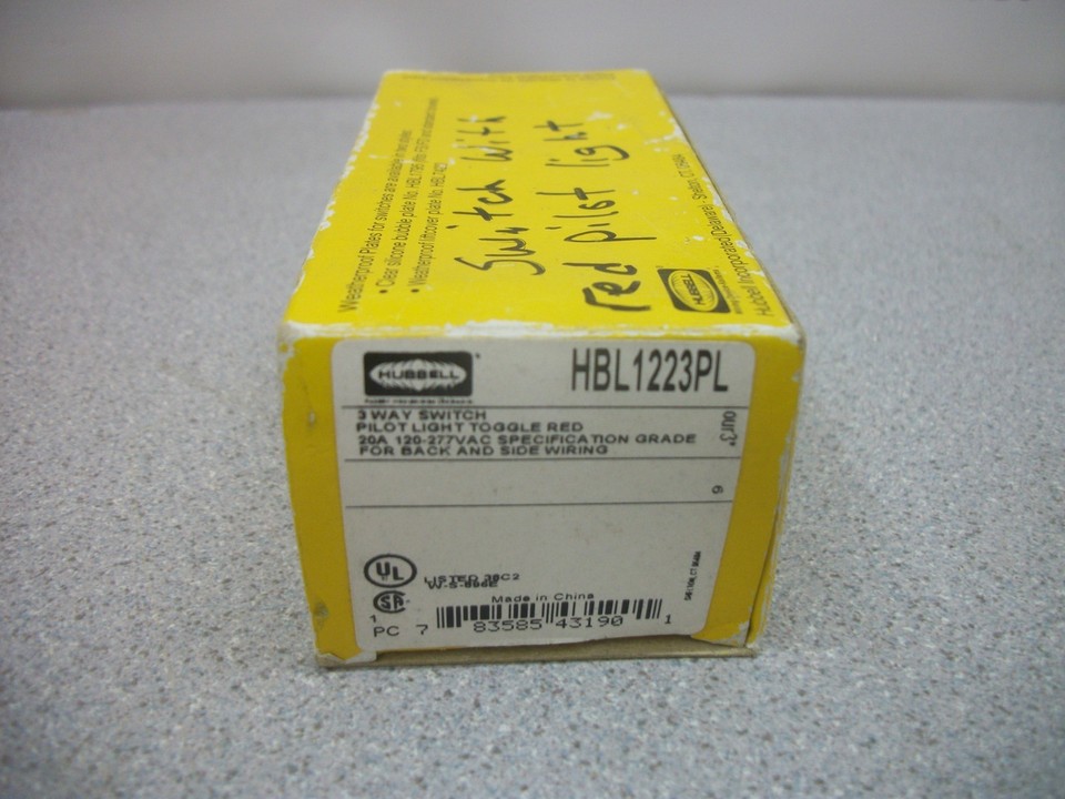 HUBBELL 3-WAY RED PILOT LIGHT TOGGLE SWITCH HBL1223PL 20AMP 120/277VOLT ...